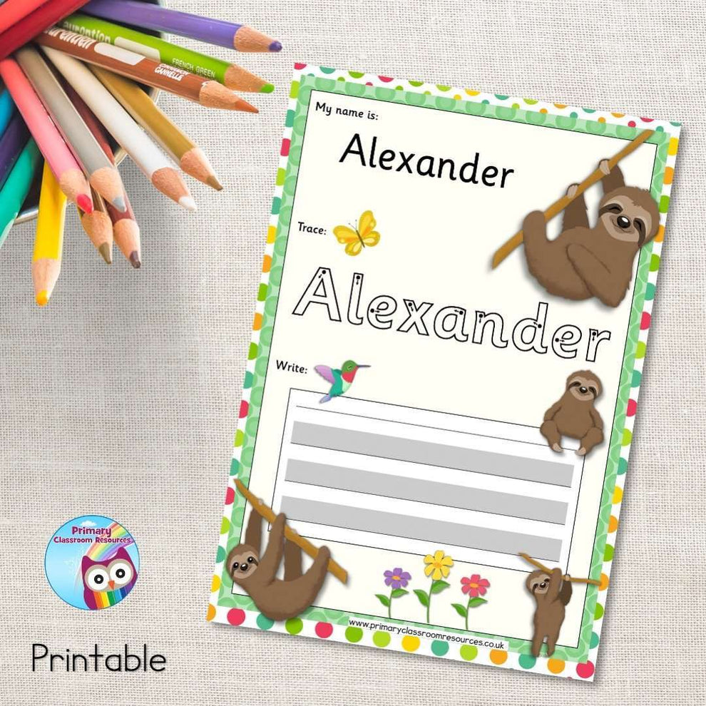 EDITABLE Name Writing Cards - Smiley Sloths – Primary Classroom Resources