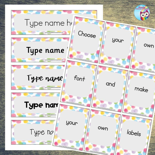 EDITABLE Name Tray & Coat Peg Labels - Rainbow Watercolour Polka Dots ...