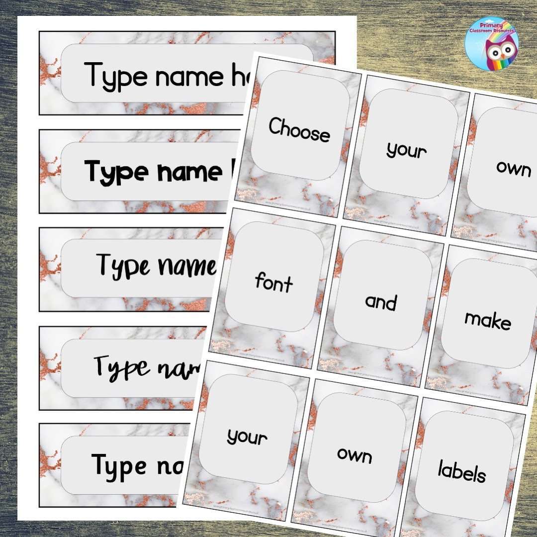 EDITABLE Name Tray & Coat Peg Labels - Rose Gold Marble – Primary ...