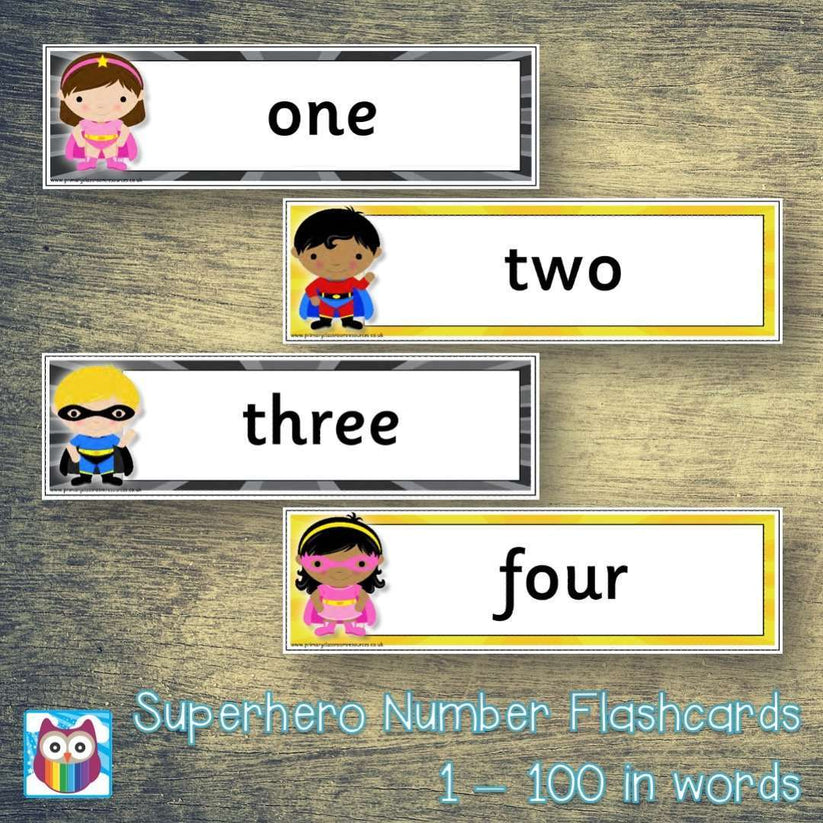 Number Flashcards 1-100 in words - Superhero Theme – Primary Classroom ...