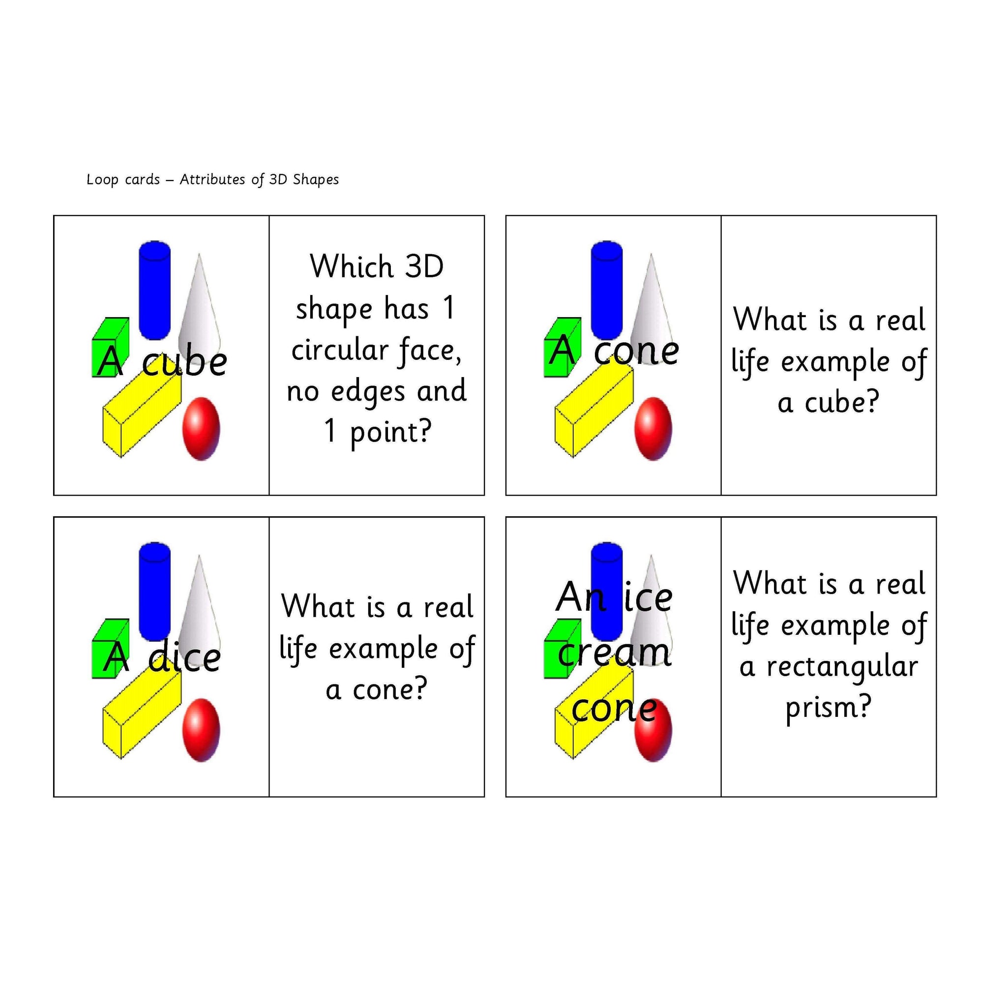 Attributes of 3D Shapes Loop Cards – Primary Classroom Resources