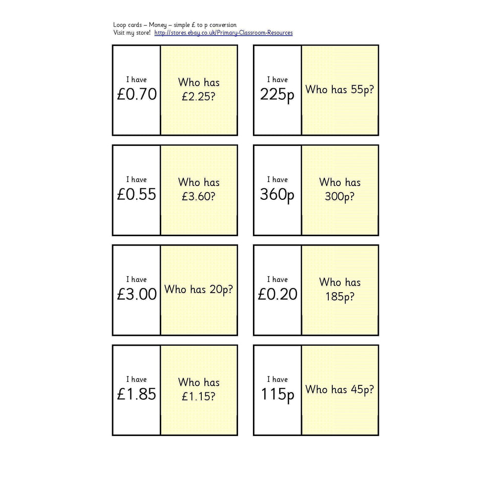Simple Money Loop Cards – Primary Classroom Resources