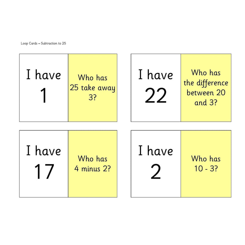 Subtraction to 25 Loop Cards – Primary Classroom Resources